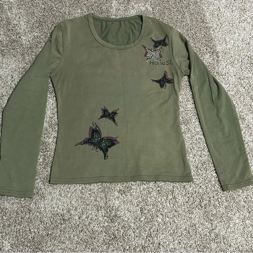 Source Unknown | Tops | Butterfly Rhinestones Long Sleeve Green Shirt ...